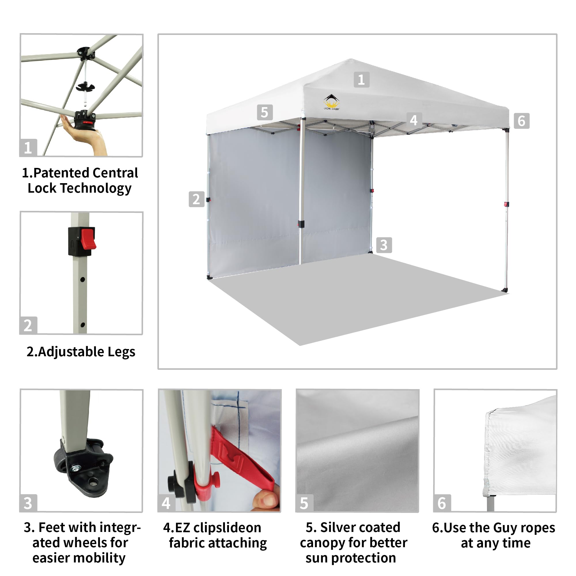 CROWN SHADES Canopy Tent 8x8 Pop Up Canopy Outdoor Shade with One Sidewall, Easy Up Sun Shelter with One Person Set Up Center Lock, Portable Instant Camping Beach Canopy Tents, White