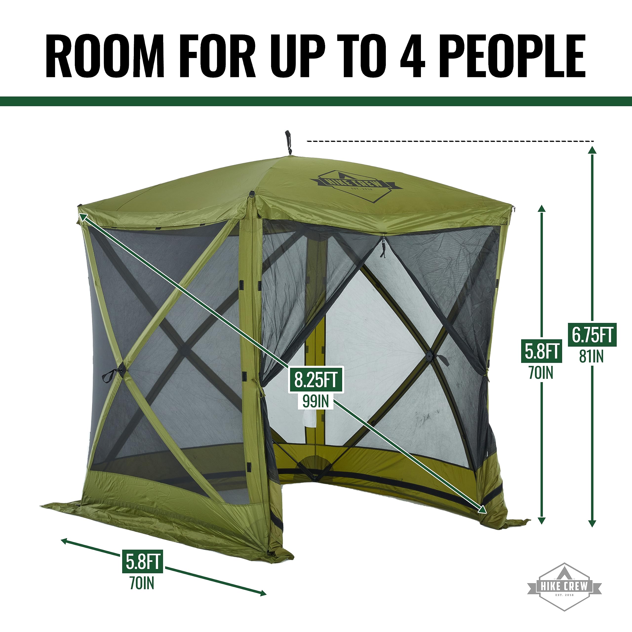 Hike Crew 6’ x 6’ Pop-Up Gazebo Screen Tent | Screened 4-Sided Instant Outdoor Canopy Shelter with Stakes, Ropes & Carry Bag for Camping, Sports & Picnic Table | UV Resistant SPF 50+