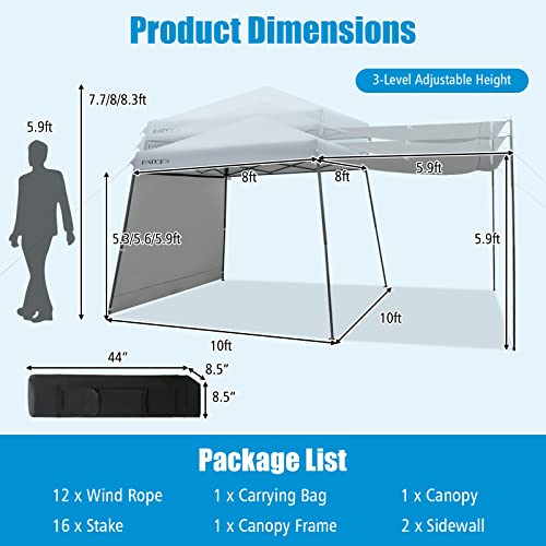 Tangkula 10x10 ft Pop Up Canopy with Dual Awnings, Outdoor Canopy Tent with Center Lock, 16 Stakes, 12 Ropes, Roller Bag, UPF50+ Easy Setup Instant Canopy with 2 Sidewalls for Camping, Patio, Market