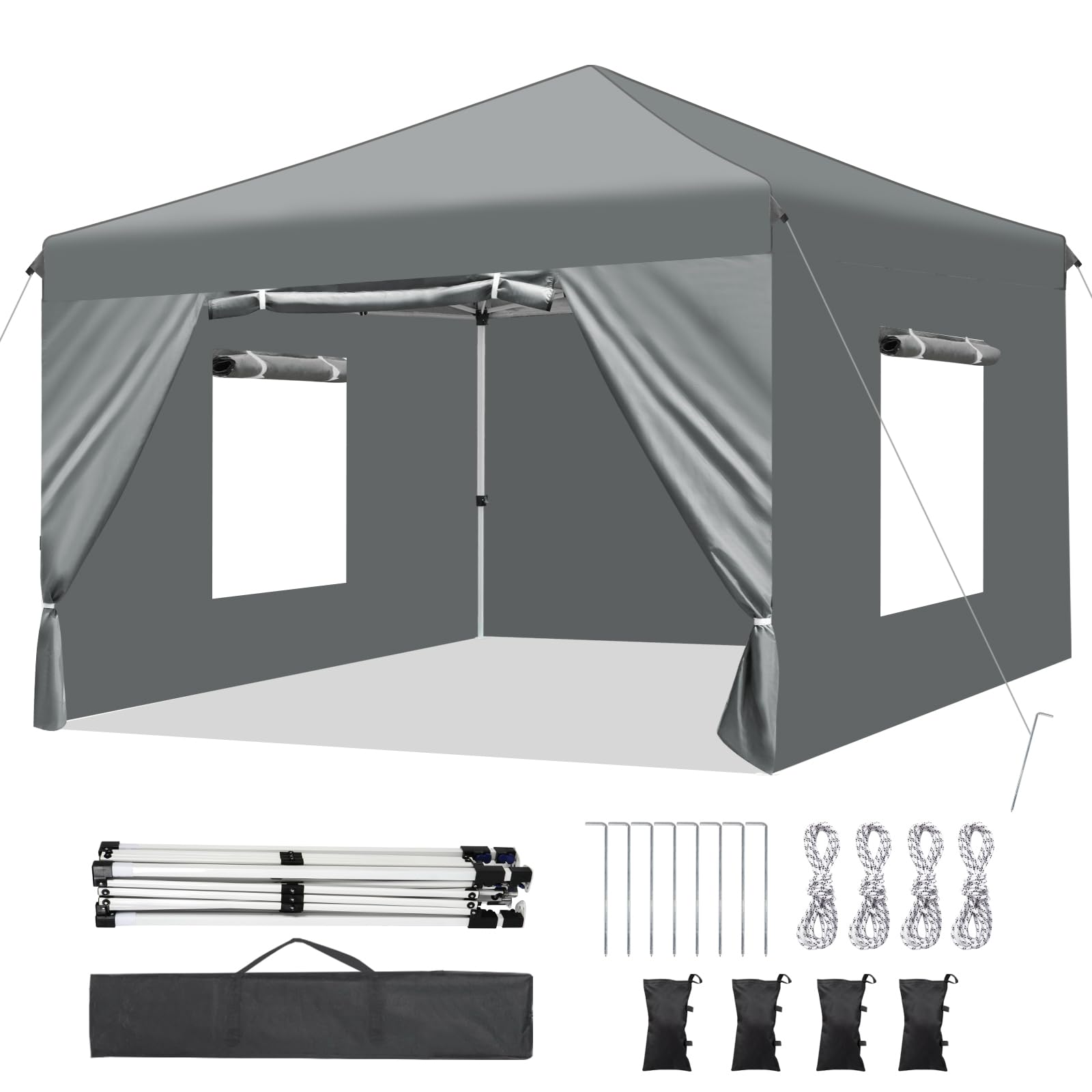 RHOLUTA 10x10 Pop Up Canopy Tent with 4 Removable Sidewalls, Ez Pop Up Outdoor Canopy, Adjustable Waterproof Canopy with Roller Bag, 4 Sand Bags, 4 Ropes and 8 Stakes