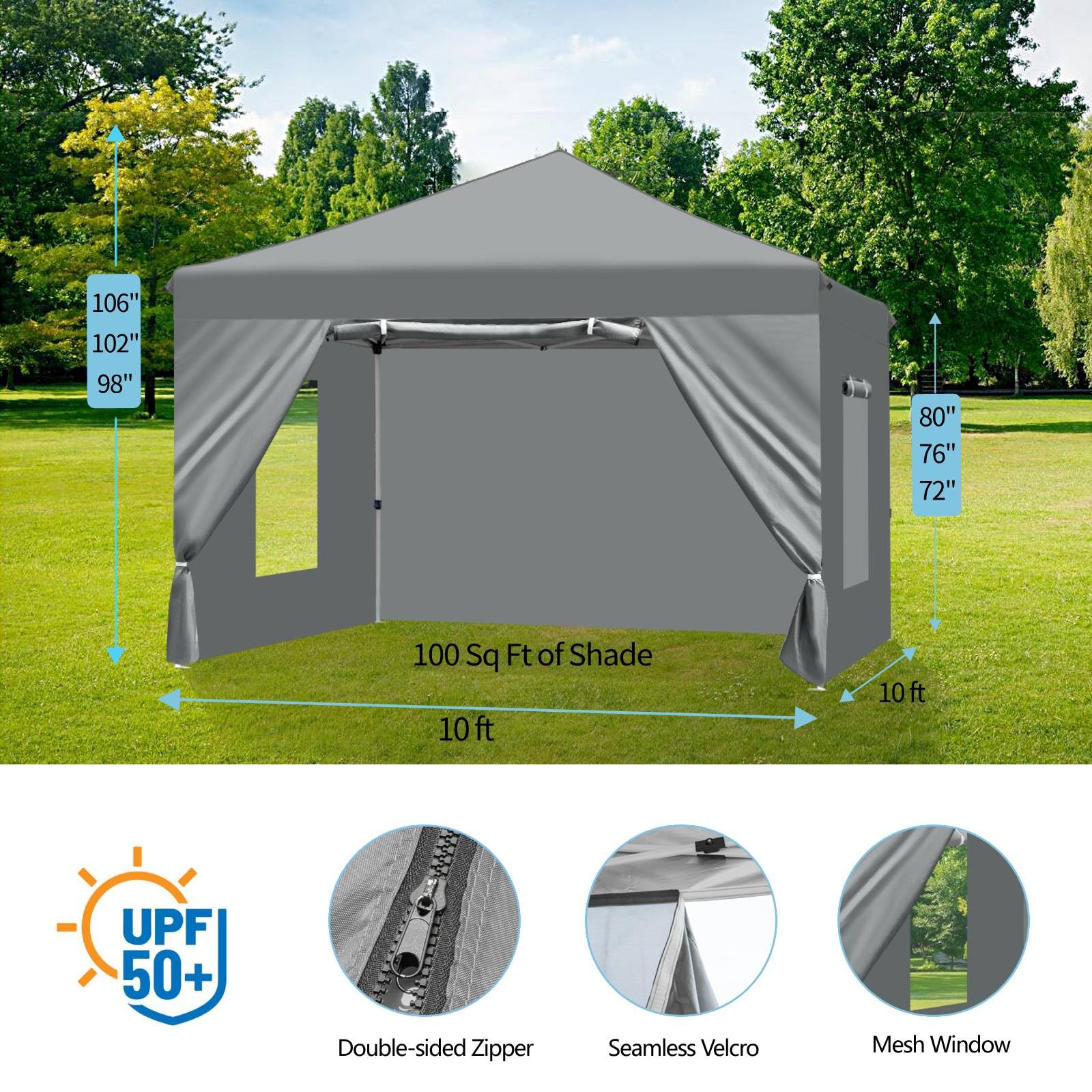 RHOLUTA 10x10 Pop Up Canopy Tent with 4 Removable Sidewalls, Ez Pop Up Outdoor Canopy, Adjustable Waterproof Canopy with Roller Bag, 4 Sand Bags, 4 Ropes and 8 Stakes