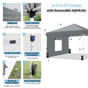 RHOLUTA 10x10 Pop Up Canopy Tent with 4 Removable Sidewalls, Ez Pop Up Outdoor Canopy, Adjustable Waterproof Canopy with Roller Bag, 4 Sand Bags, 4 Ropes and 8 Stakes