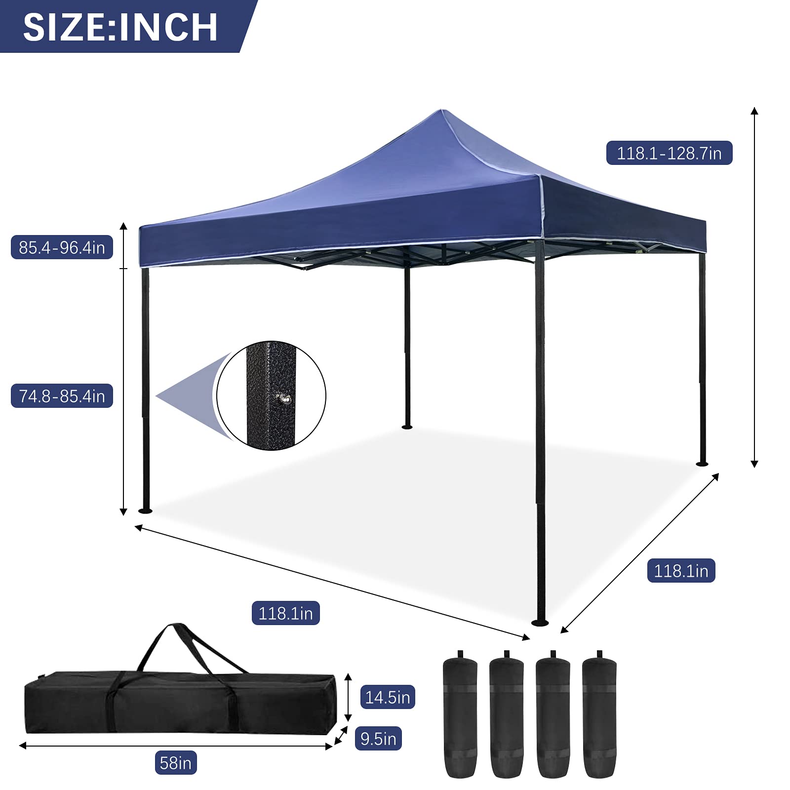 10x10 FT Pop up Canopy Tent, Outdoor Commercial Folding Canopy Tents Big Party Tent with Wheeled Carry Bag, 4 Weight Sand Bag, Stakes and Ropes, for Flea Market Garden Backyard, BLUE