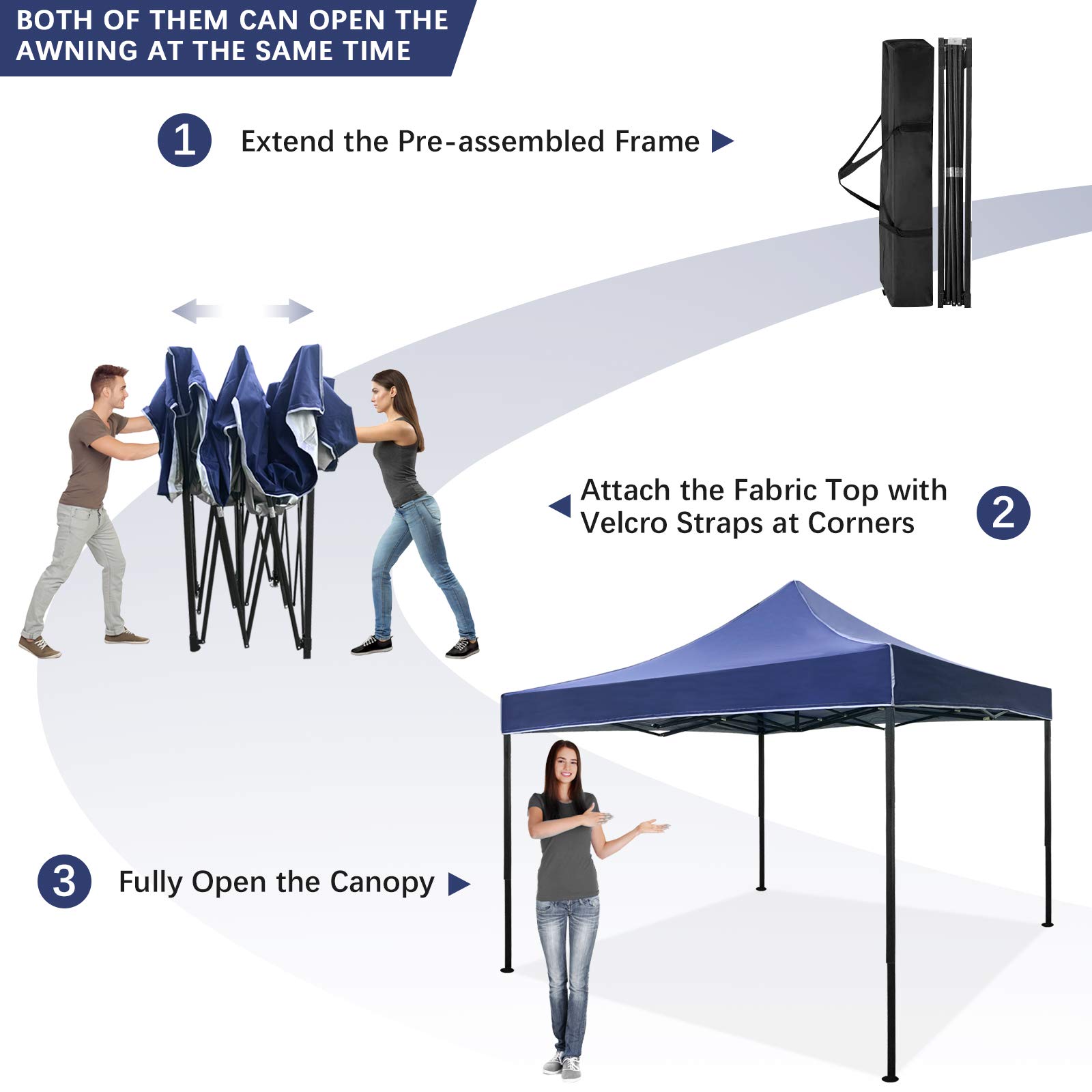 10x10 FT Pop up Canopy Tent, Outdoor Commercial Folding Canopy Tents Big Party Tent with Wheeled Carry Bag, 4 Weight Sand Bag, Stakes and Ropes, for Flea Market Garden Backyard, BLUE