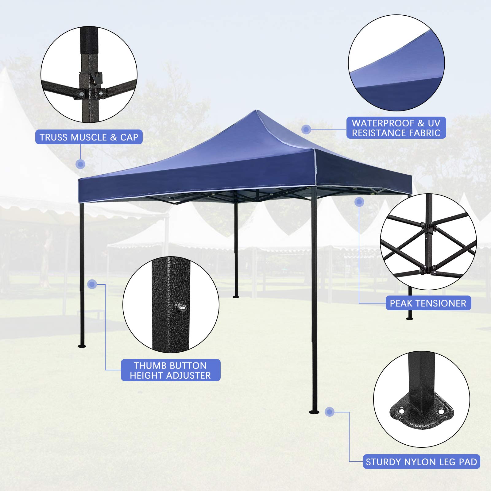 10x10 FT Pop up Canopy Tent, Outdoor Commercial Folding Canopy Tents Big Party Tent with Wheeled Carry Bag, 4 Weight Sand Bag, Stakes and Ropes, for Flea Market Garden Backyard, BLUE