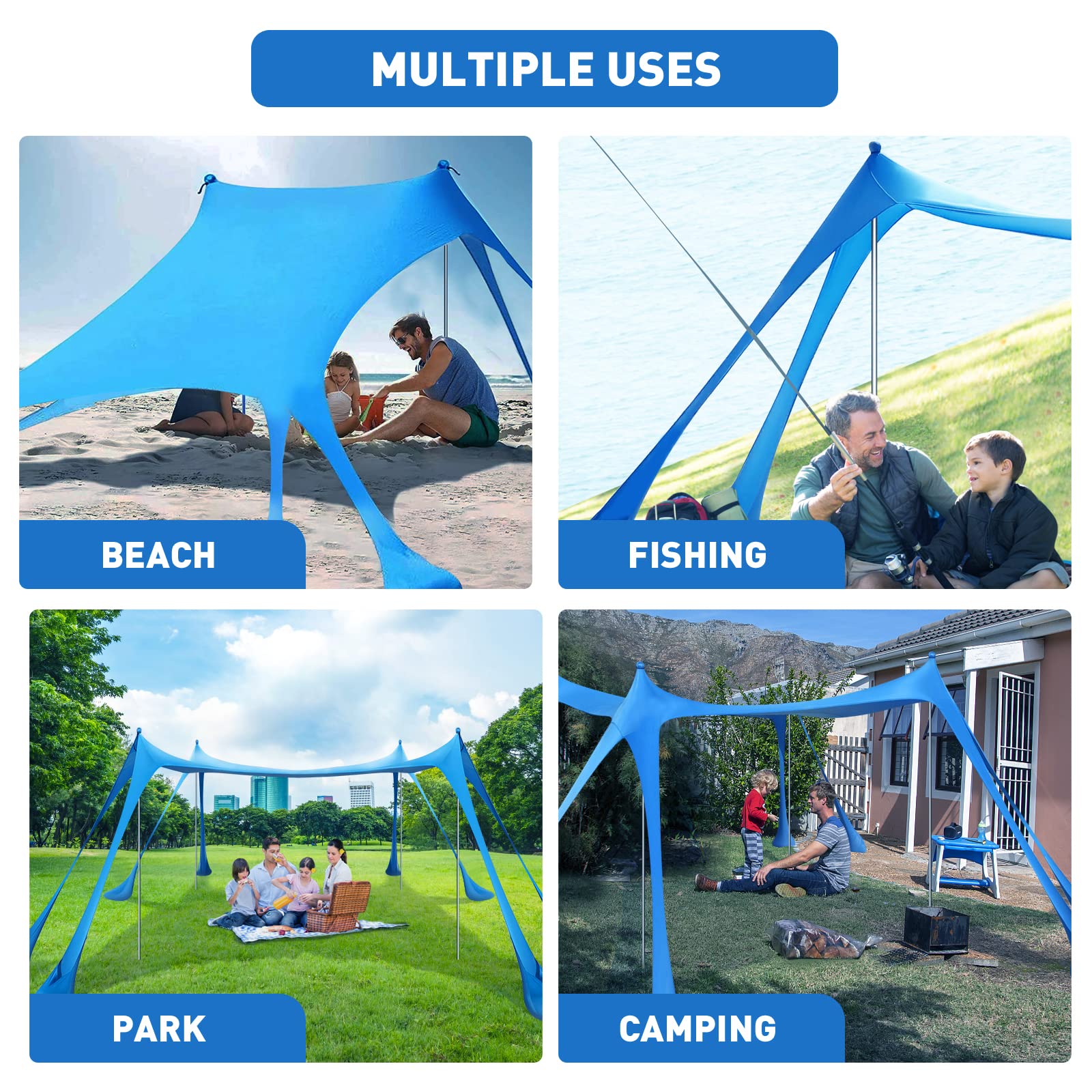 Wabolay Beach Tent Canopy Pop Up Shade 10x10ft Sun Shelter Portable Family UPF50+ with 8 Sandbags-2 Sand Shovel-4 Aluminum Poles-Ground Pegs-Carrying Bag for Outdoor Camping Fishing Backyard Picnic