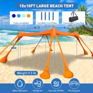 Wabolay Beach Tent Canopy Pop Up Shade 10x10ft Sun Shelter Portable Family UPF50+ with 8 Sandbags-2 Sand Shovel-4 Aluminum Poles-Ground Pegs-Carrying Bag for Outdoor Camping Fishing Backyard Picnic