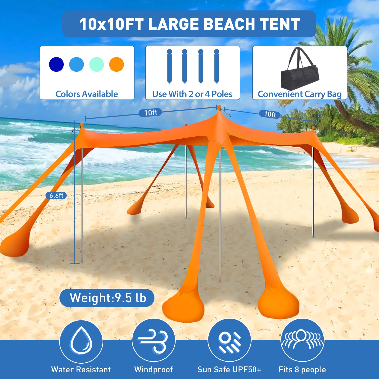 Wabolay Beach Tent Canopy Pop Up Shade 10x10ft Sun Shelter Portable Family UPF50+ with 8 Sandbags-2 Sand Shovel-4 Aluminum Poles-Ground Pegs-Carrying Bag for Outdoor Camping Fishing Backyard Picnic