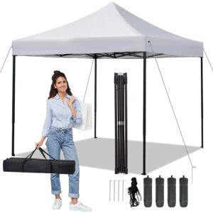 10x10 ft pop up canopy tent, outdoor commercial folding canopy tents big party tent with wheeled carry bag, 4 weight sand bag, stakes and ropes, for flea market garden backyard, white