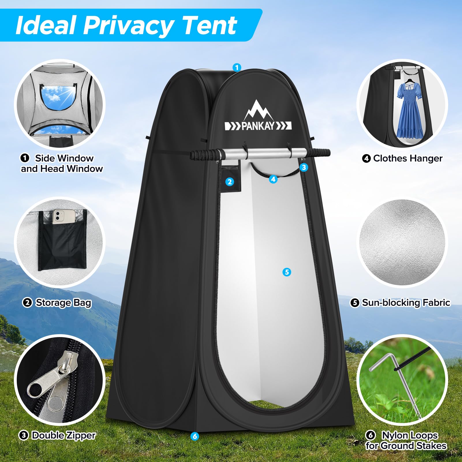 Pankay Camping Toilet with Pop up Privacy Tent, X Large Portable Toilet Potty for Adults, Outdoor Camping Shower Tents Changing Room, Instant Pop Up, Washable Foldable Camp Toilet Kit with Carry Bag