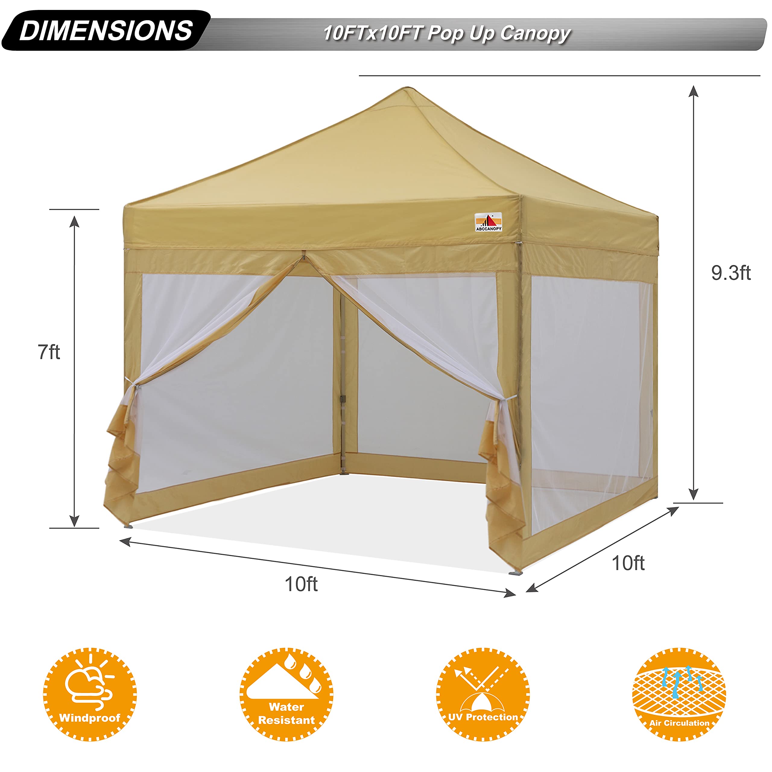 ABCCANOPY 10x10 Commercial Pop up Canopy Tent with Mesh Walls, Beige