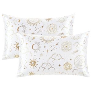 exq home satin pillowcase silky satin pillowcase for hair and skin,soft cooling printed pillow cases queen size set of 2 satin pillow case for women with envelope closure (white moon,20x30inch)