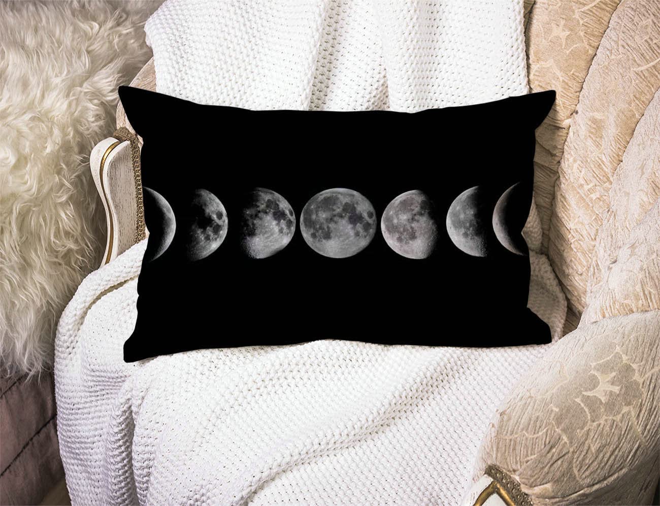 Lumbar Throw Pillow Cover 12x20 Inch Decorative Bedroom Living Room Moon Phases Rectanglar Cushion Case for Bed Sofa Couch