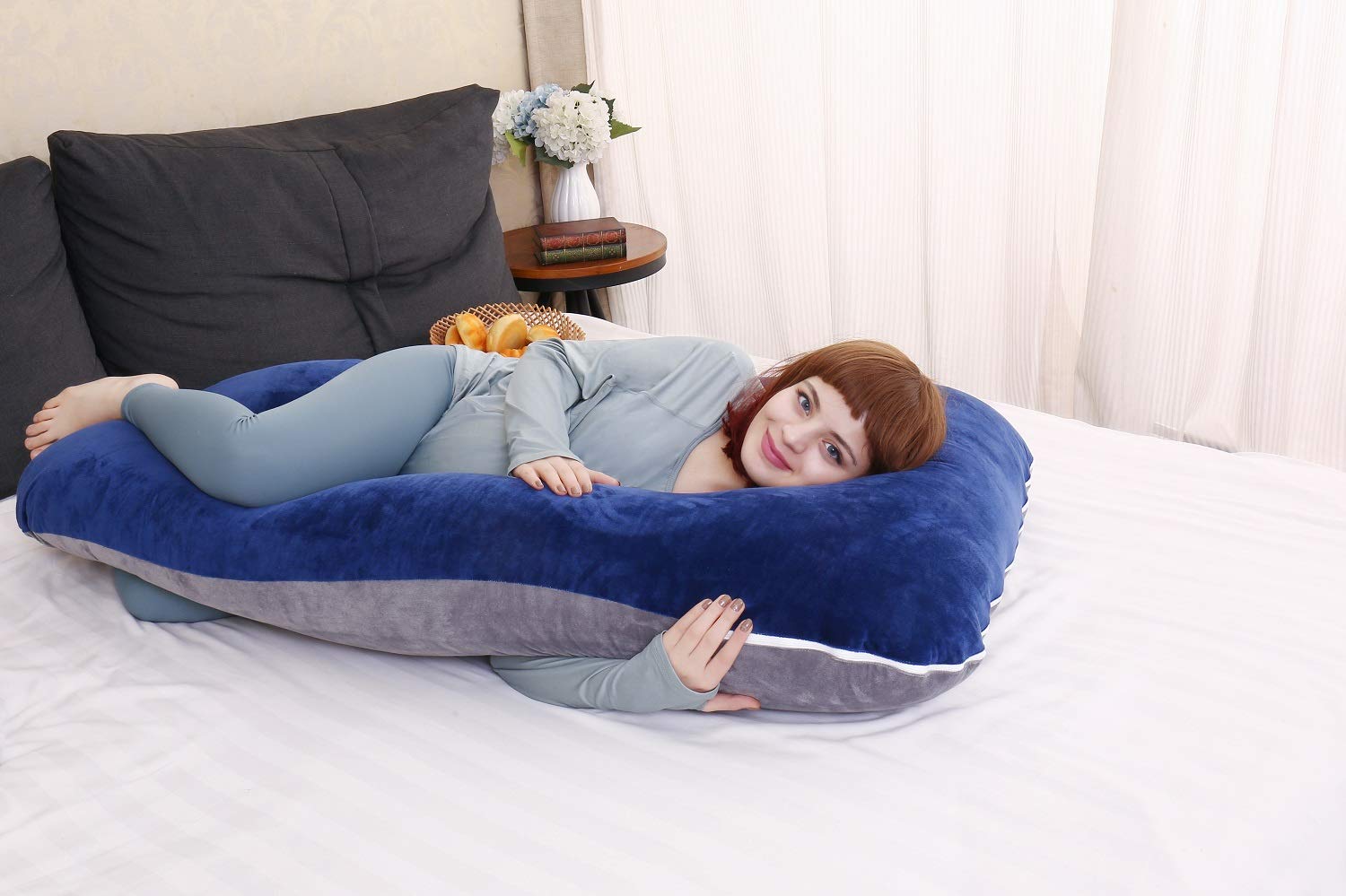 MOON PINE U Shaped Pregnancy Pillow, Maternity Full Body Pillow for Back, Legs and Belly Support, Sleeping Pillow for Pregnant Women and Side Sleepers with Removable Cover (Blue Grey)