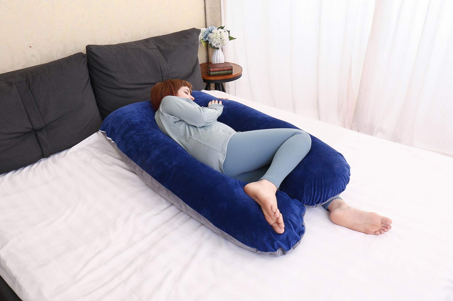 MOON PINE U Shaped Pregnancy Pillow, Maternity Full Body Pillow for Back, Legs and Belly Support, Sleeping Pillow for Pregnant Women and Side Sleepers with Removable Cover (Blue Grey)