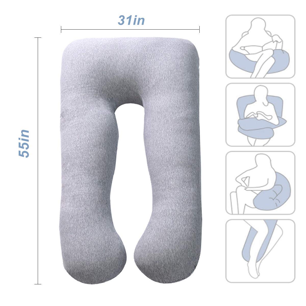 MOON PINE U Shaped Pregnancy Pillow, Maternity Full Body Pillow for Back, Legs and Belly Support, Sleeping Pillow for Pregnant Women and Side Sleepers with Removable Cover (Blue Grey)