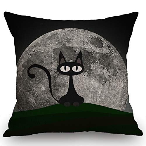 Swono Black Cat on a Beautiful Night with Full Moon Burlap Throw Pillow Case Cushion Cover Couch Sofa Decorative Square 18x18 inches