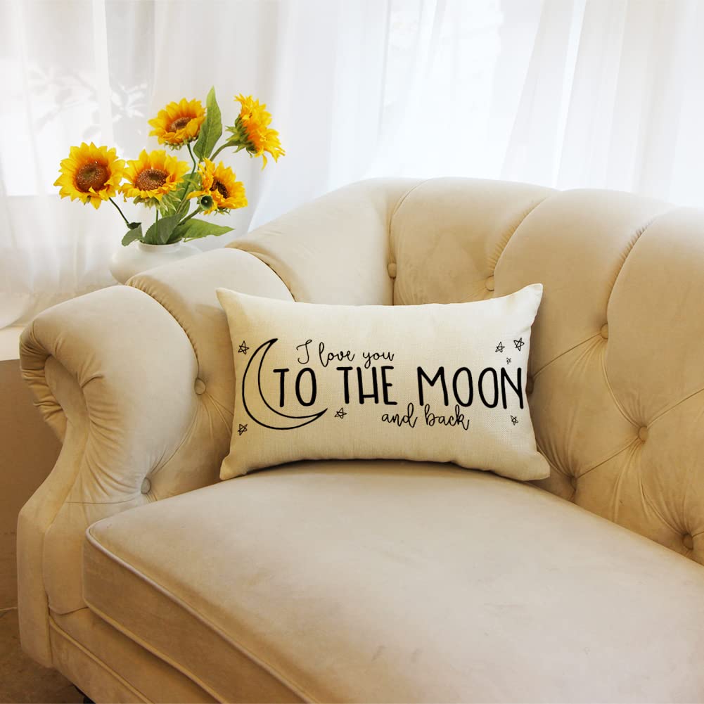 Ogiselestyle I Love You to The Moon and Back Lumbar Throw Pillow Cover, 12 x 20 Inch Farmhouse Cushion Case Decoration for Sofa Couch