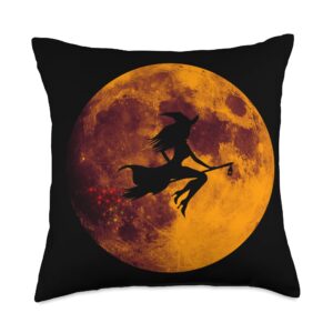 orange full moon witch halloween night throw pillow