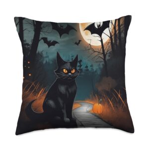 halloween black cat, spooky night, orange moon, pumpkins throw pillow