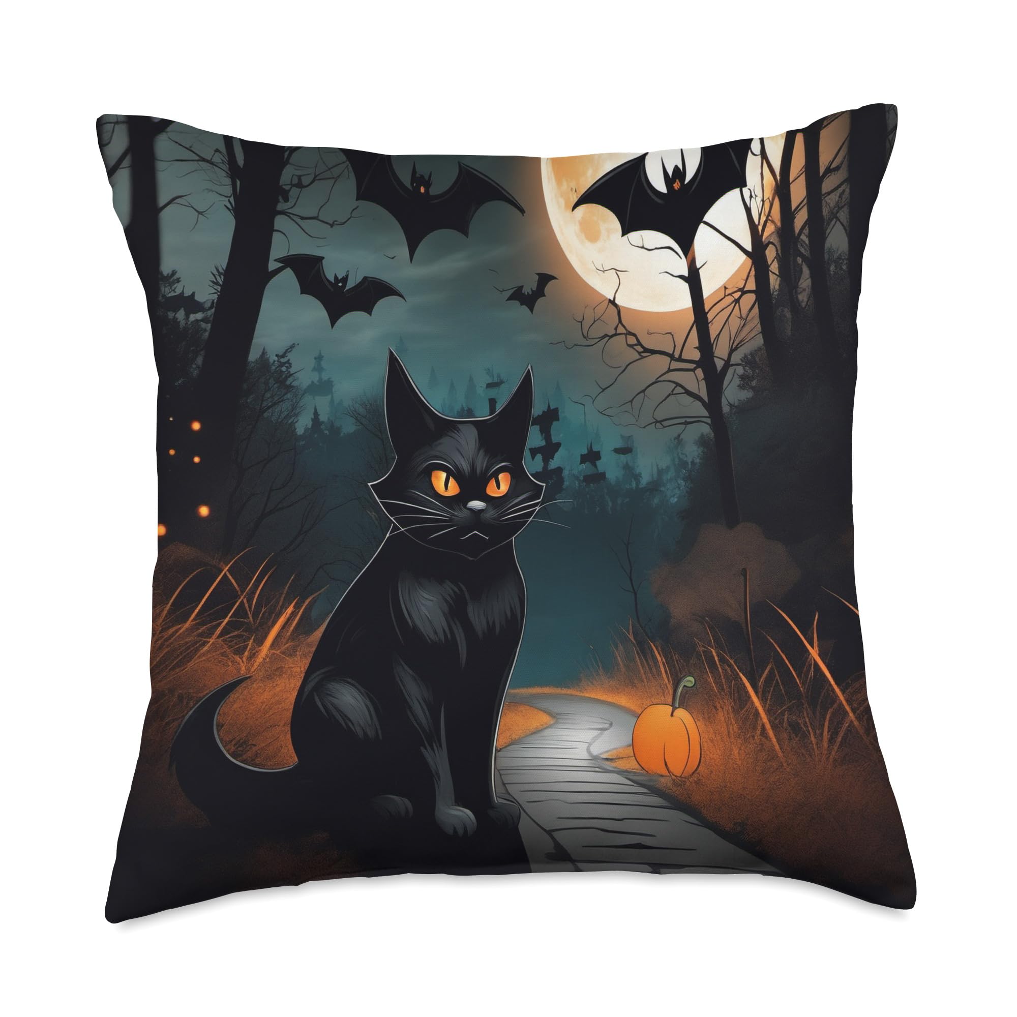 Halloween Black Cat, Spooky Night, Orange Moon, Pumpkins Throw Pillow