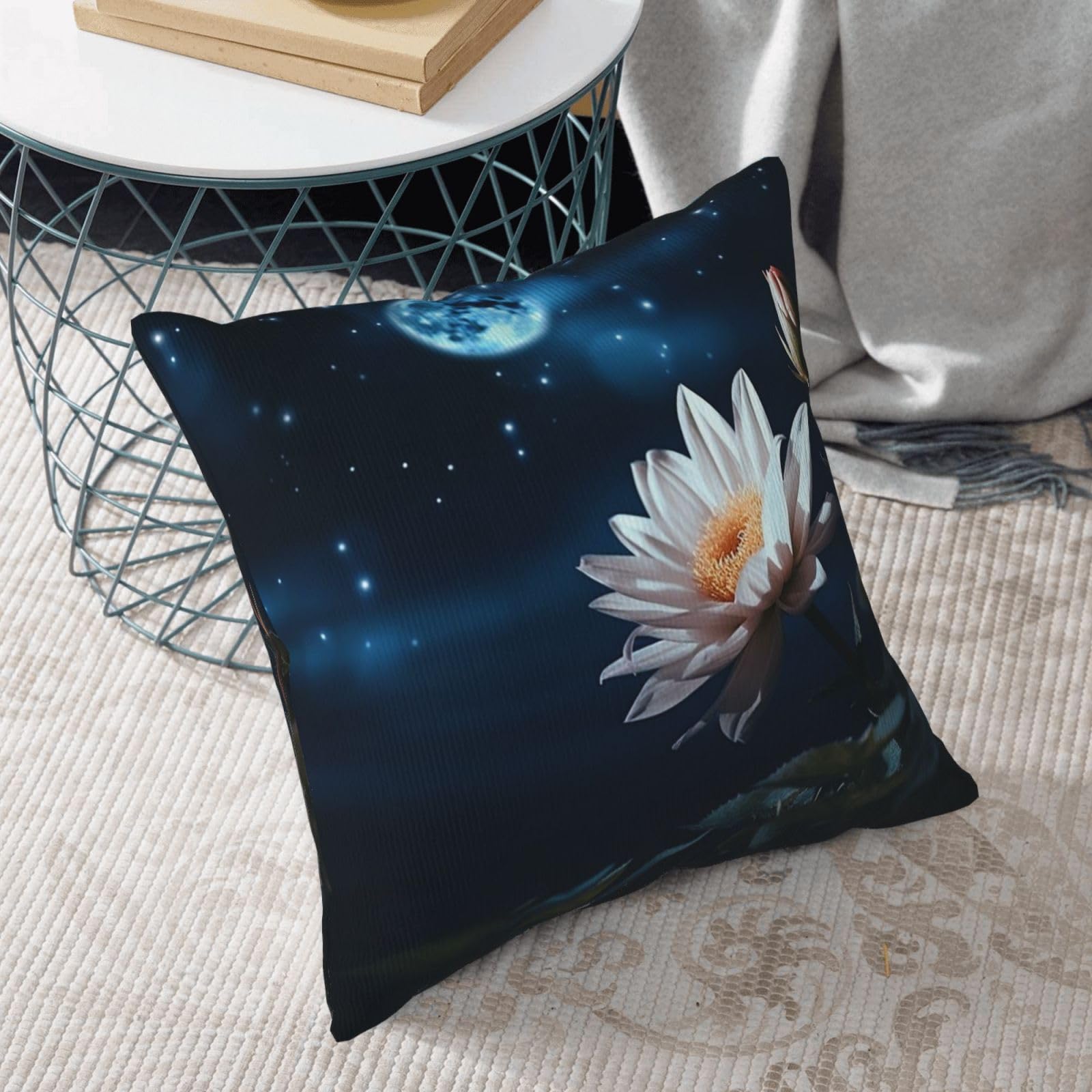 Flower and Moon Print Throw Pillow Cover Corduroy Soft Pillowcase with Hidden Zipper Decorative Cushion Covers for Sofa Living Room Home Decors 16"X16"