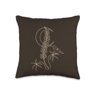 floral botanical flower cottagecore hummingbird texas wildflower bluebonnet hummingbird with crescent moon throw pillow, 16x16, multicolor