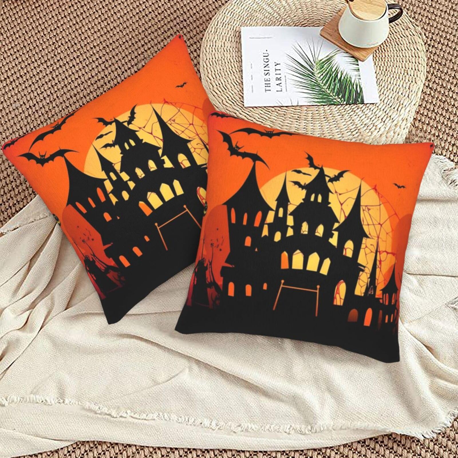 SHIRMDIY Witch Castle Square Throw Pillow Covers 2 Packs, Halloween Moon Night Decorative Couch Pillowcase with Hidden Zipper, 20x20 Inch Double Side Print Throws Cushion Cover for Home Farmhouse