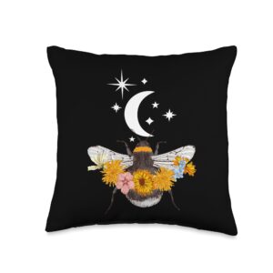 charlian minds - bee lover flower art fan cute wildflower moon stars bees lover art throw pillow, 16x16, multicolor