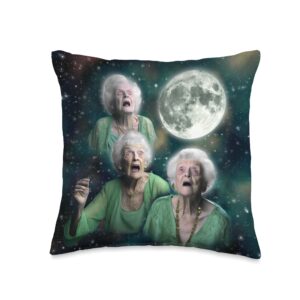 three granny moon | 3 old ladys howling weird cursed meme throw pillow