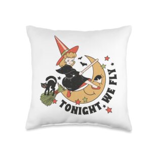 vintage witch, vintage cat on halloween tonight we fly, vintage witch on halloween moon throw pillow, 16x16, multicolor