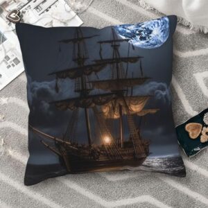 Pirate Sailboat Full Moon Print Throw Pillow Cover Corduroy Soft Pillowcase with Hidden Zipper Decorative Cushion Covers for Sofa Living Room Home Decors 20"X20"