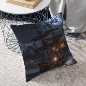 Pirate Sailboat Full Moon Print Throw Pillow Cover Corduroy Soft Pillowcase with Hidden Zipper Decorative Cushion Covers for Sofa Living Room Home Decors 20"X20"