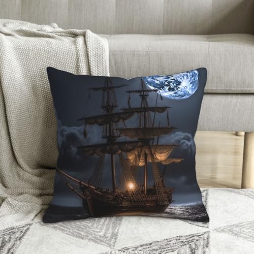 Pirate Sailboat Full Moon Print Throw Pillow Cover Corduroy Soft Pillowcase with Hidden Zipper Decorative Cushion Covers for Sofa Living Room Home Decors 20"X20"