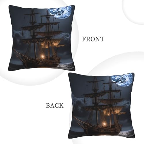 Pirate Sailboat Full Moon Print Throw Pillow Cover Corduroy Soft Pillowcase with Hidden Zipper Decorative Cushion Covers for Sofa Living Room Home Decors 20"X20"