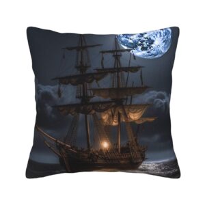 pirate sailboat full moon print throw pillow cover corduroy soft pillowcase with hidden zipper decorative cushion covers for sofa living room home decors 16"x16"