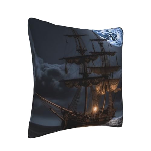 Pirate Sailboat Full Moon Print Throw Pillow Cover Corduroy Soft Pillowcase with Hidden Zipper Decorative Cushion Covers for Sofa Living Room Home Decors 18"X18"