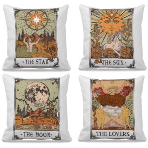 gichugi astrology 18’’x18’’ set of 4 tarot the sun the moon the star the lovers twelve constellations decorative throw pillow case,mystical home decor,gifts for tarot astrology lovers (white)