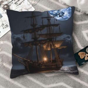 Pirate Sailboat Full Moon Print Throw Pillow Cover Corduroy Soft Pillowcase with Hidden Zipper Decorative Cushion Covers for Sofa Living Room Home Decors 20"X20"