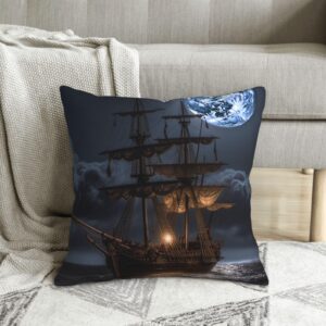 Pirate Sailboat Full Moon Print Throw Pillow Cover Corduroy Soft Pillowcase with Hidden Zipper Decorative Cushion Covers for Sofa Living Room Home Decors 20"X20"