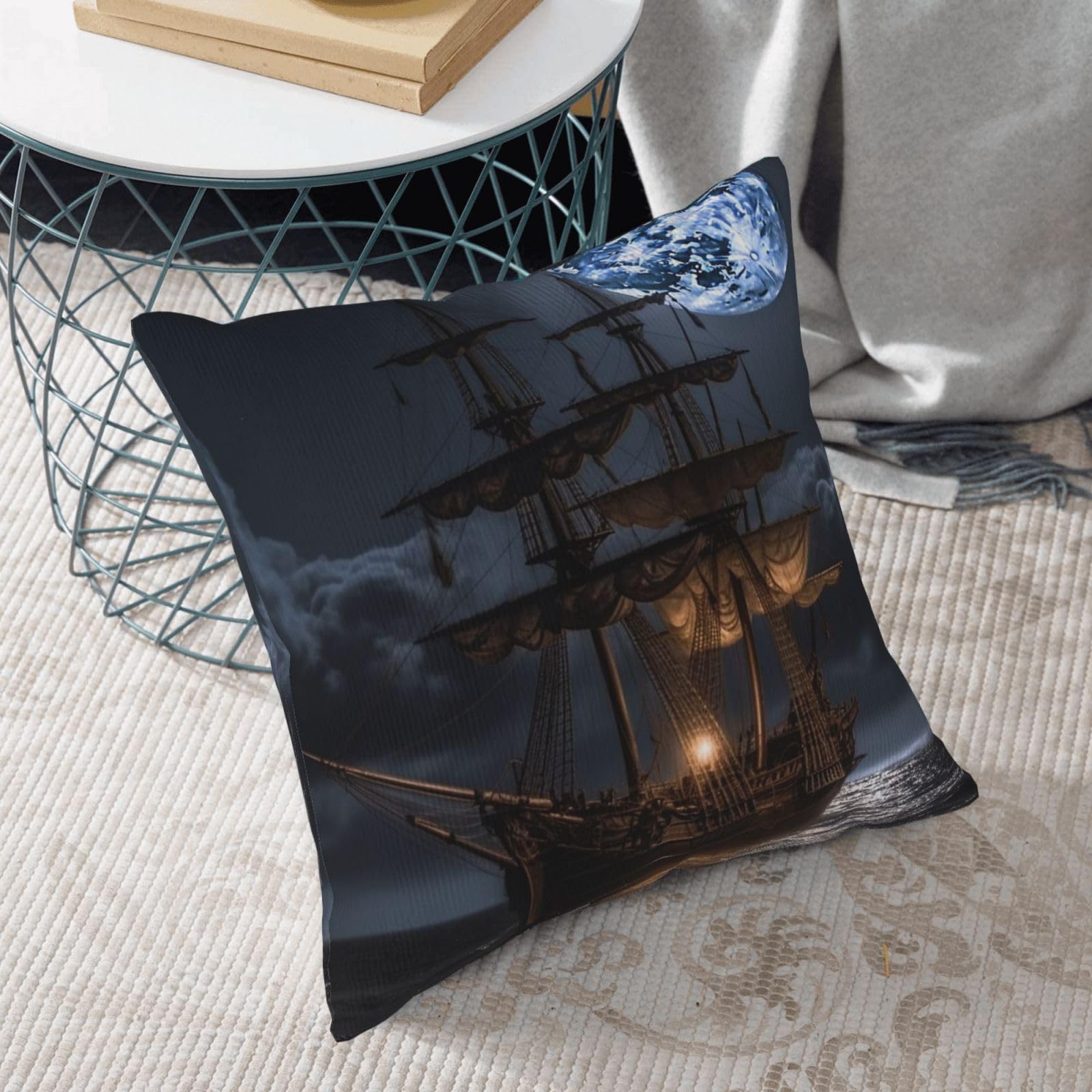 Pirate Sailboat Full Moon Print Throw Pillow Cover Corduroy Soft Pillowcase with Hidden Zipper Decorative Cushion Covers for Sofa Living Room Home Decors 20"X20"