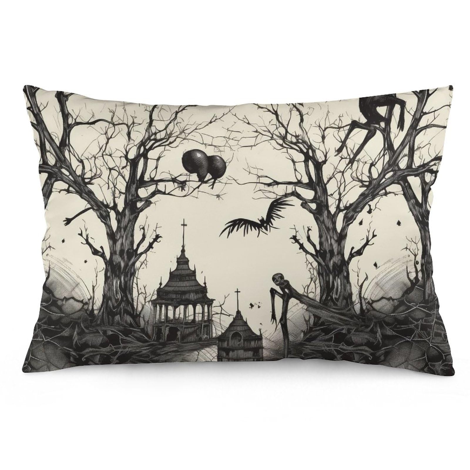 MaSiledy Pillow Cases Witch Brooms Spider Web Moon Bat Spooky Tree Oblong Lumbar Throw Pillow Cover/Shams Cushion Case 16 "x24 Autumn Halloween Throw Pillow Cover Zipper Pillowcase for Home Bed Sofa