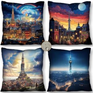 ai-designed city moon throw pillow covers 55x55cm set of 4 - waterproof for outdoor use farmhouse - for living room bed couch - indoor decorative cushion cases for home room christmas decorations