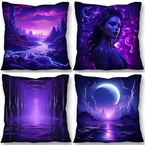 Waxonle AI-Crafted Moon Purple Throw Pillow Covers 80x80cm Set of 4 for Living Room Bed and Couch Soft Decorative Cushion Cases for Modern Room and Holiday Celebrations - Bedding Home Decor Clearance