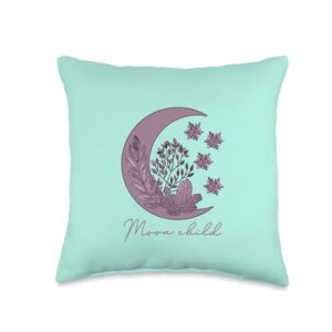 moon child witchy moon phases divination crescent moon child witchy wicca spiritual healing turquoise throw pillow, 16x16, multicolor