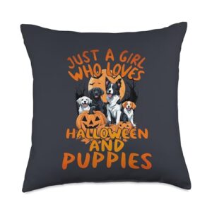 just a girl who loves apparel halloween puppy party-paws and pumpkins under the moon throw pillow, 18x18, multicolor