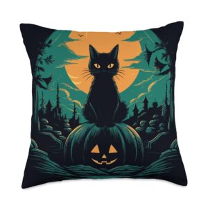 halloween spooky cat design for men women design scary black cat pumpkin moon halloween throw pillow, 18x18, multicolor