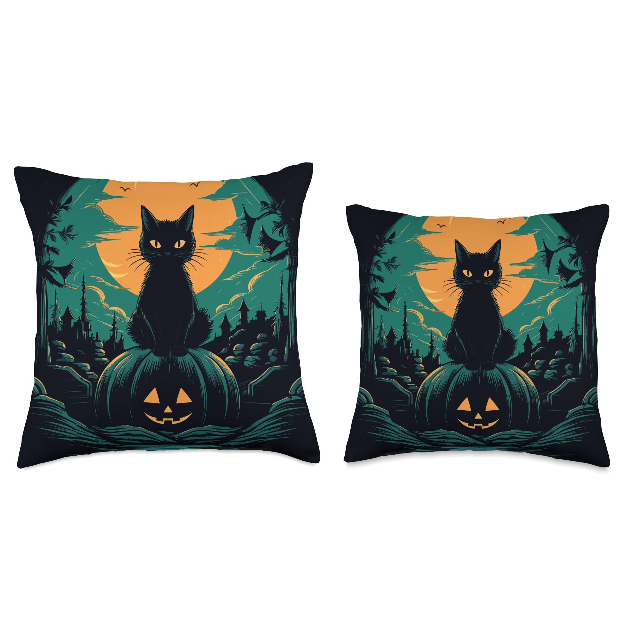 Halloween Spooky Cat Design For Men Women Design Scary Black Cat Pumpkin Moon Halloween Throw Pillow, 18x18, Multicolor