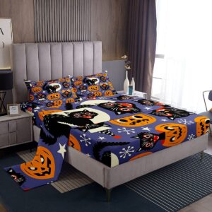 pumpkin sheet set king size,halloween bed sheet set vintage spooky cats bedding sheets cartoon pumpkin bed set for kids boys girls teens stars moon fitted sheet + purple flat sheet + 2 pillow cases