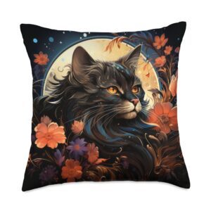 black cat staring full moon flowers celestial stars floral throw pillow